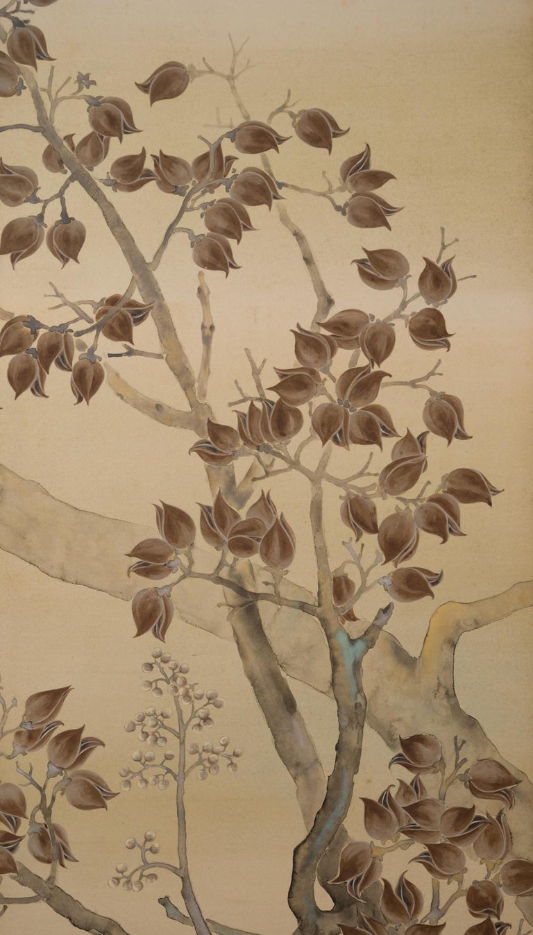 Japanese Eight Panel Screen Owl in a Moonlit Landscape For Sale at 1stDibs