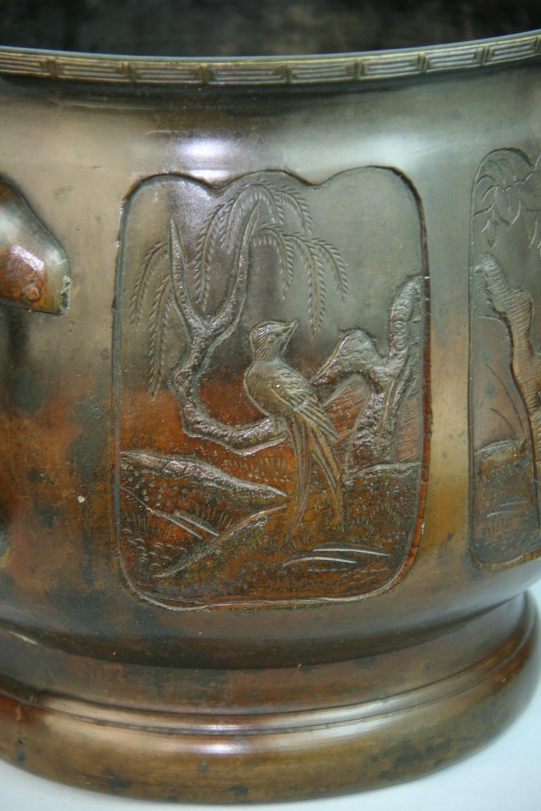 Japanese Embossed Six Panel Bronze Planter /Urn For Sale at 1stDibs