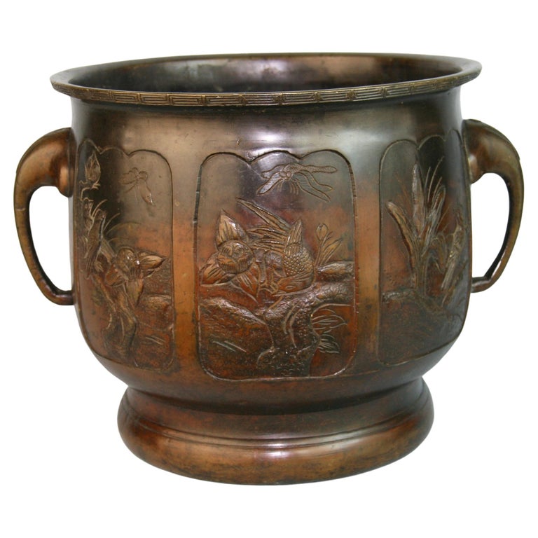 Japanese Embossed Six Panel Bronze Planter For Sale at 1stDibs