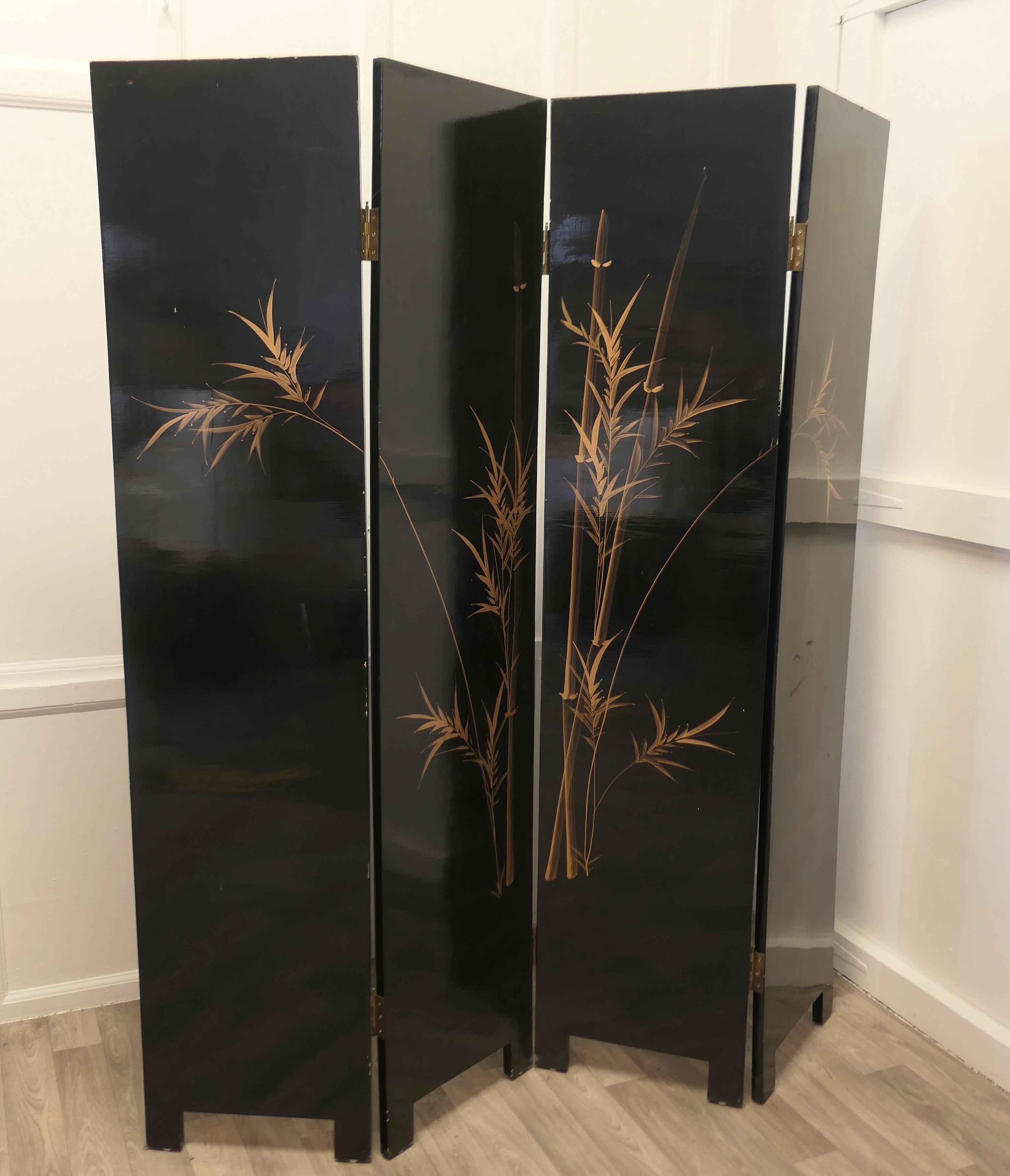 Japanese Etched Lacquer and Painted Folding Screen For Sale at 1stDibs