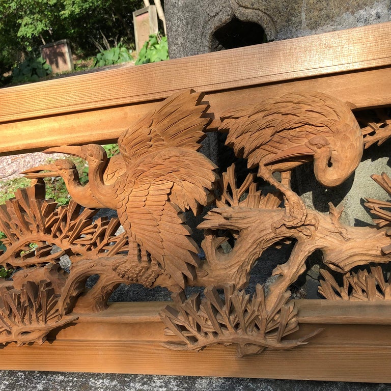 Fine Antique Hand Carved "Two Flying Cranes and Trees" Screen High ...