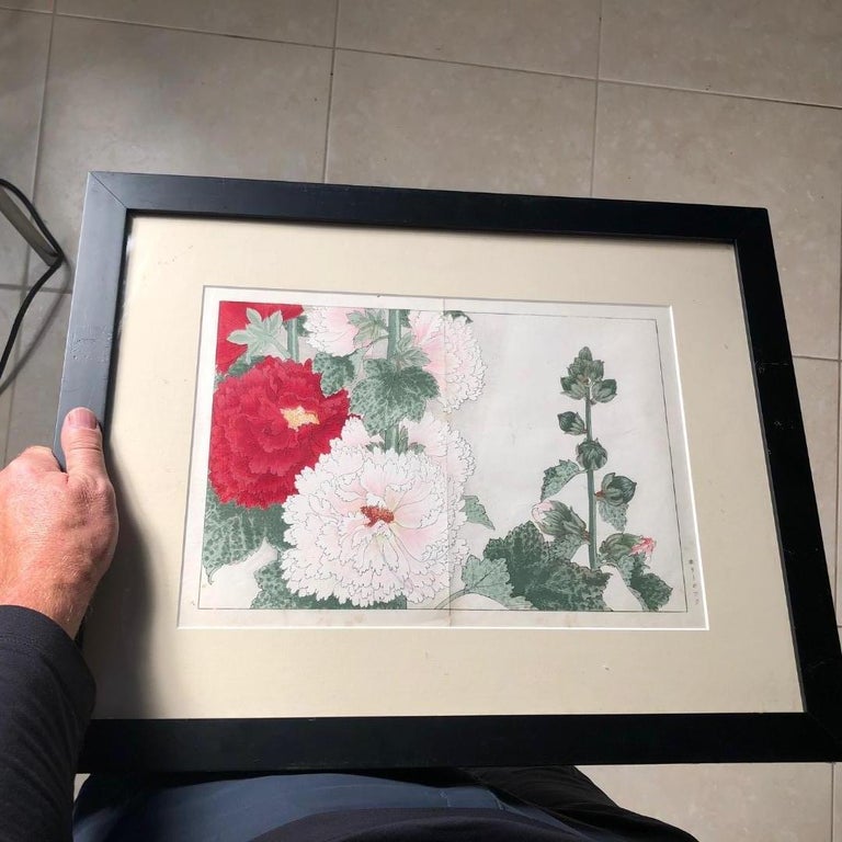 Japanese Fine Framed Woodblock Antique Flower Print "Hollyhock ...