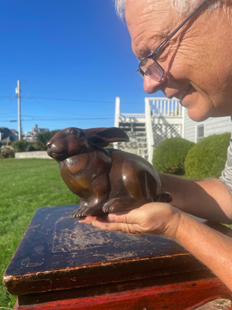Japanese Fine Large Old Bronze Rabbit with Chocolate Patina, Signed For ...
