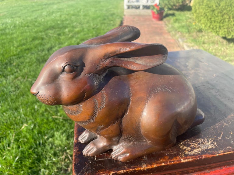 Japanese Fine Large Old Bronze Rabbit with Chocolate Patina, Signed For ...