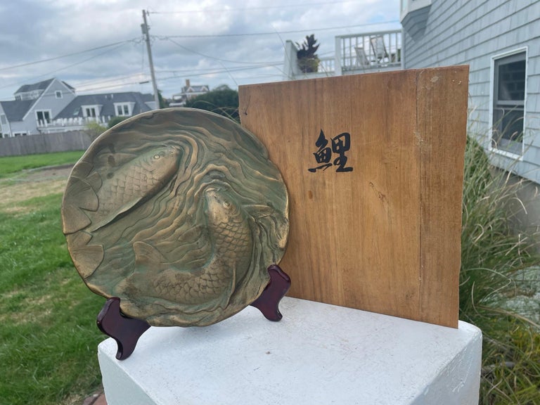 Japanese Fine Old Playful Koi Fish Bronze Plaque Signed by Famous ...
