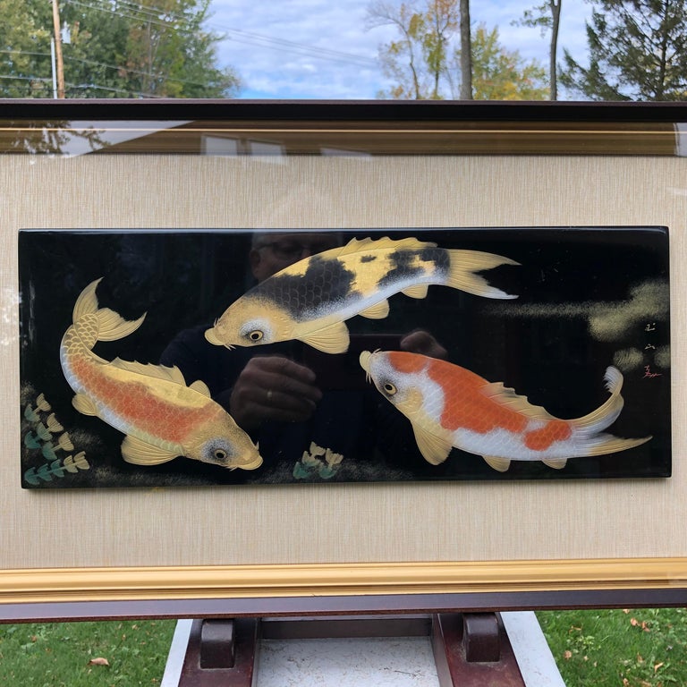 Japanese Fine Rich Black and Gold KOI Framed Lacquer Panel Signed ...