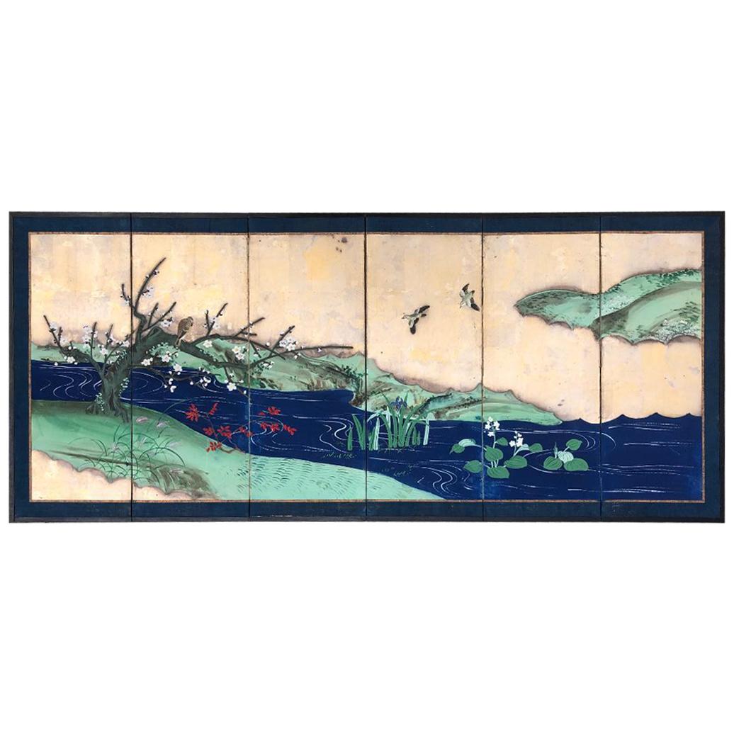 Japanese Fine Small Antique Blue and Gold "Birds and Iris" Hand Painted ...