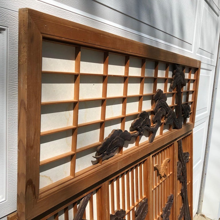 Japanese Fine Vintage Five-Panel Shoji Screen Set Black Pine, Birds and ...