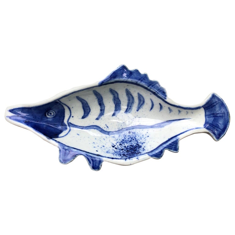 Japanese Five Hand Painted Blue and White Fish Plates at 1stDibs