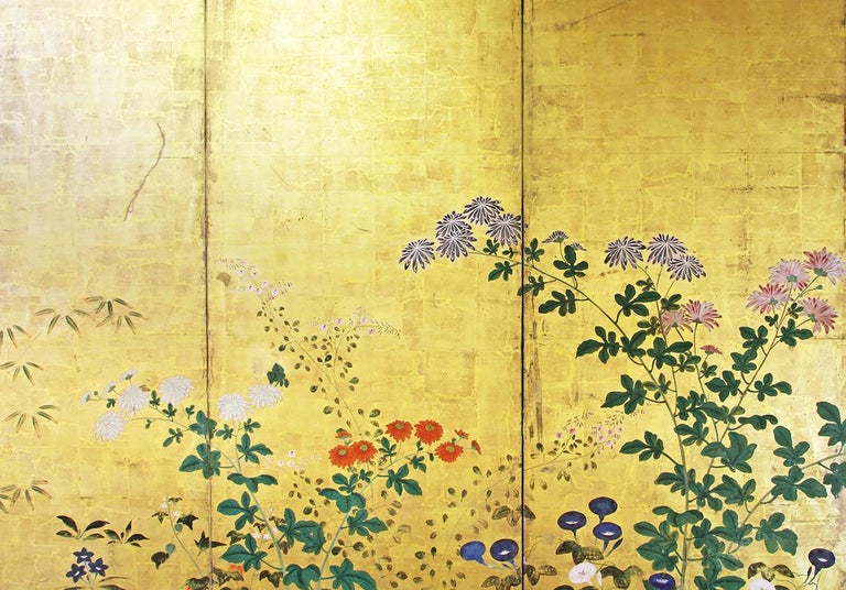 Japanese Folding Screen Six Panels Rinpa School on Gold Leaf For Sale ...