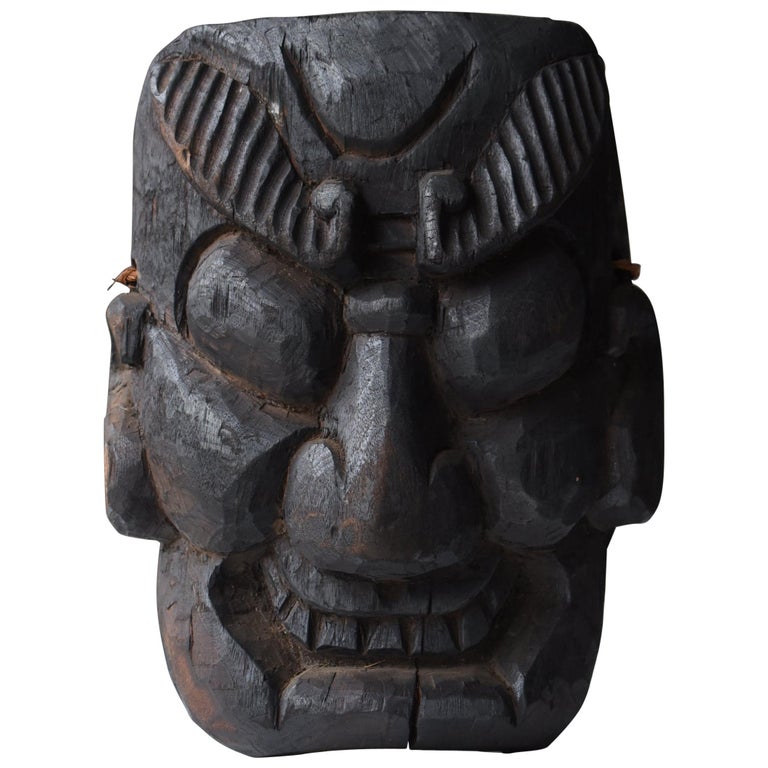 Japanese antique Wooden mask 1860s-1920s/mingei wabi sabi folk art wall ...
