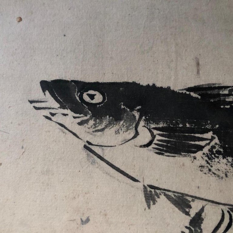 Japanese Four Antique "Fish" Hand Painted Sumi Ink Original Drawings ...