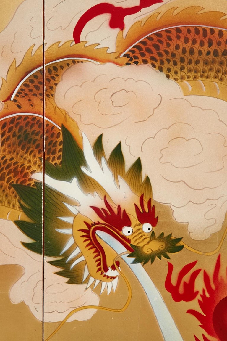 Japanese Four Panel Byobu Screen Dragon Chasing Flaming Sun at 1stDibs