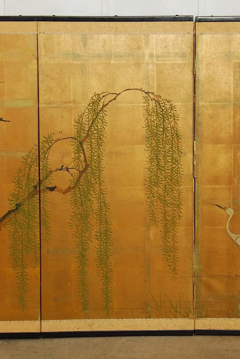 Japanese Four-Panel Byobu Screen of Cranes and Willow on Gold Leaf at ...