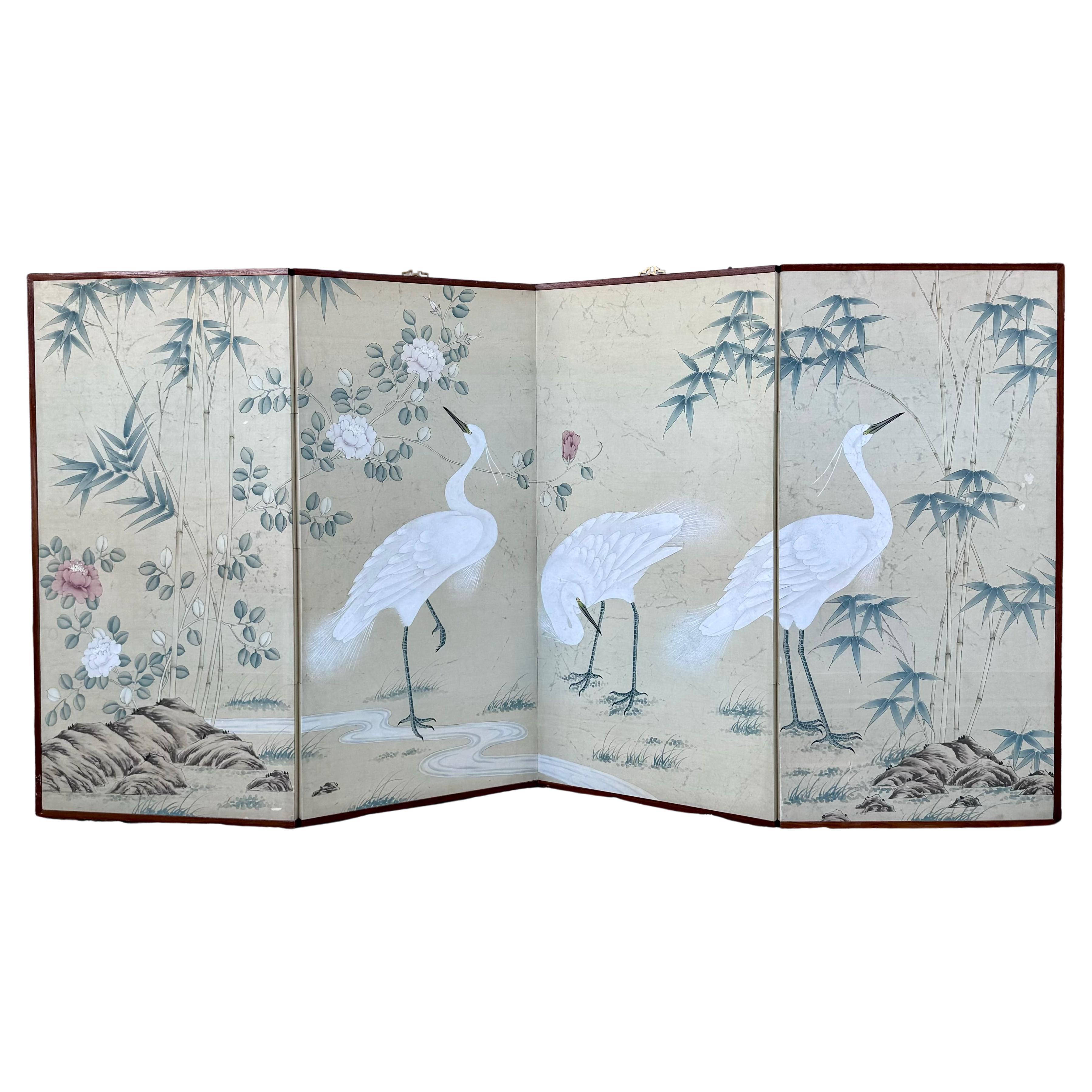Japanese Four Panel Hand Painted Silk Screen For Sale at 1stDibs