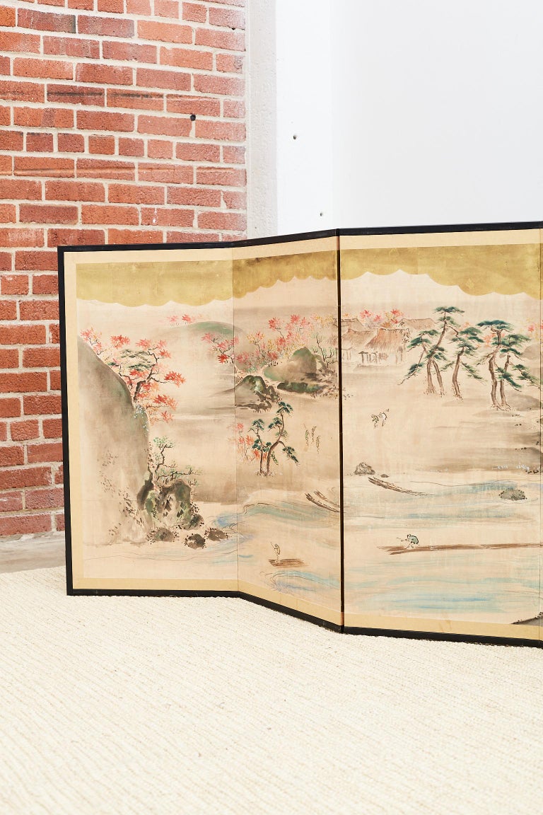 Japanese Four Panel Painted Landscape Screen with Gold Leaf at 1stDibs