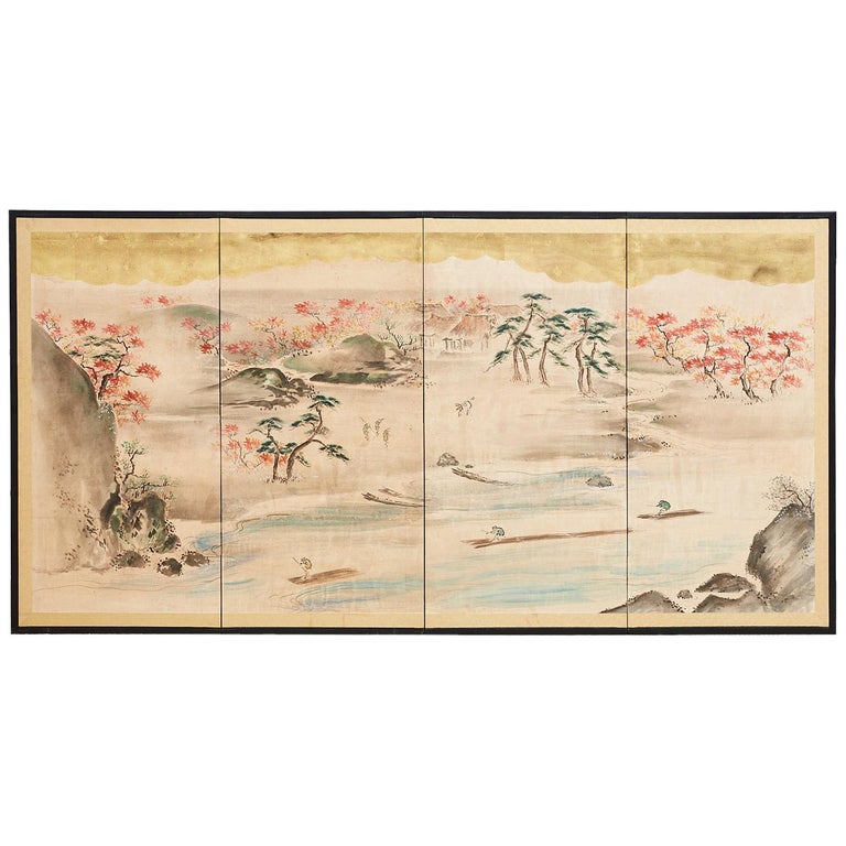 Japanese Four Panel Painted Landscape Screen with Gold Leaf at 1stDibs