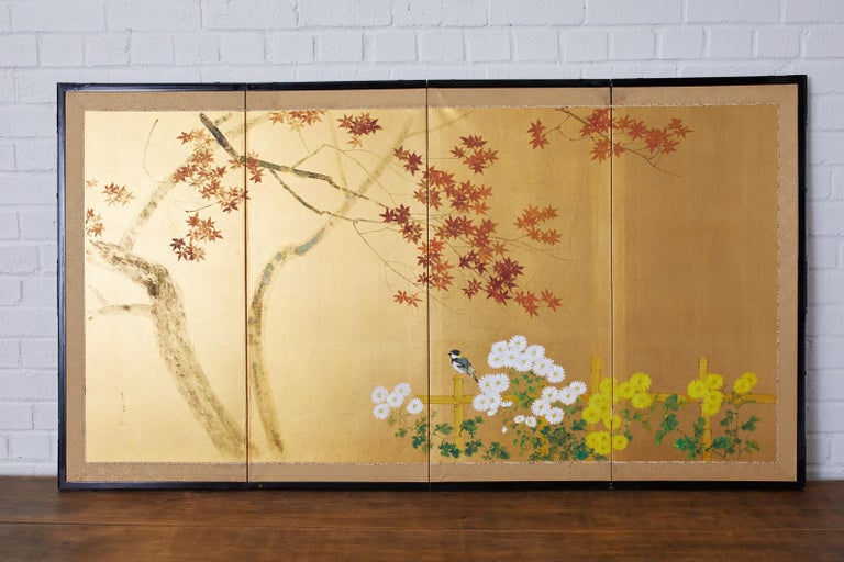 Japanese Four-Panel Screen Autumn Maple and Chrysanthemum at 1stDibs