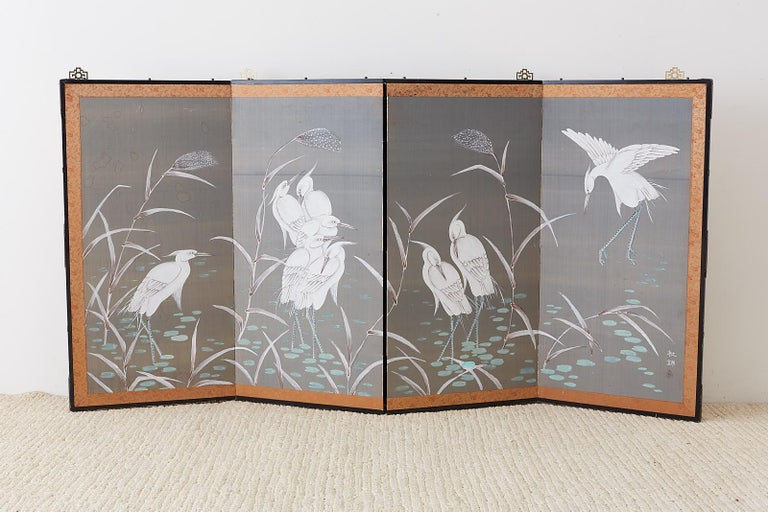Japanese Four-Panel Screen Herons and Reeds at 1stDibs