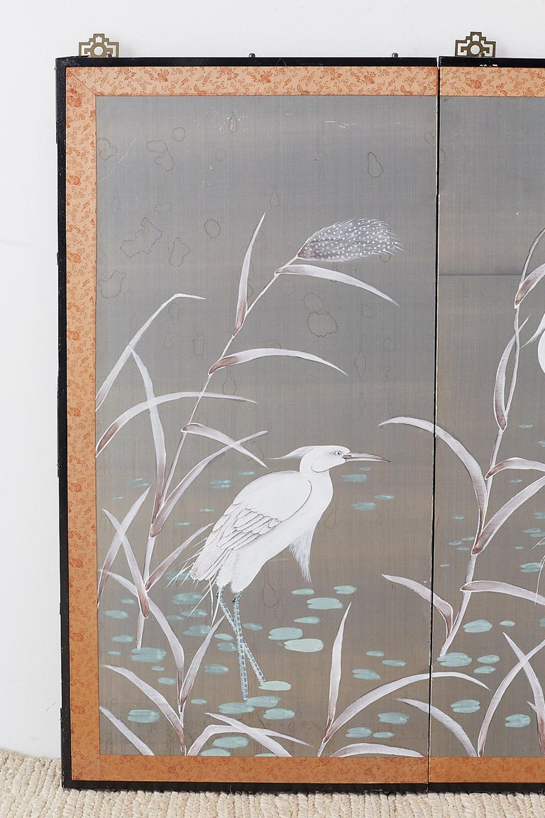 Japanese Four-Panel Screen Herons and Reeds at 1stDibs