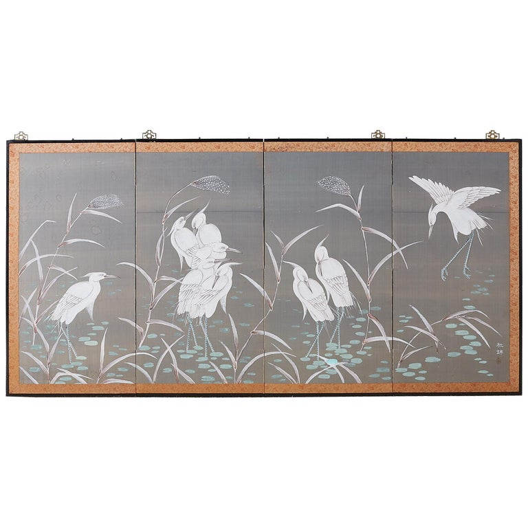 Japanese Four-Panel Screen Herons and Reeds at 1stDibs