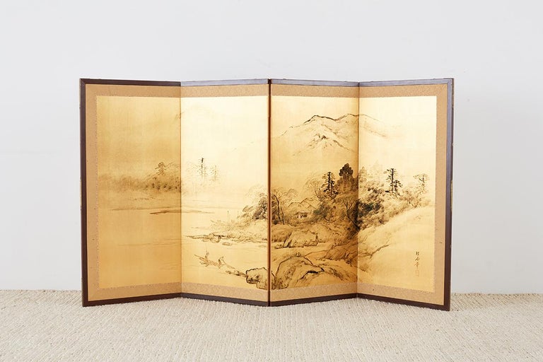 Japanese Four-Panel Screen Landscape with Fisherman at 1stDibs