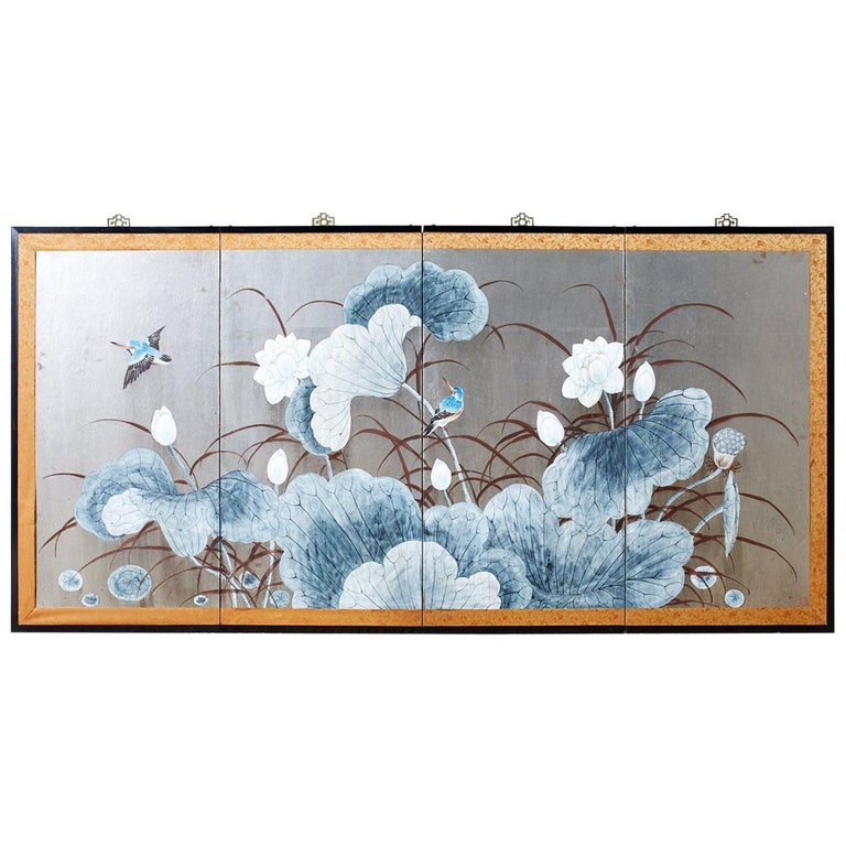 Japanese Four Panel Screen Lotus Blossom and Kingfishers at 1stDibs