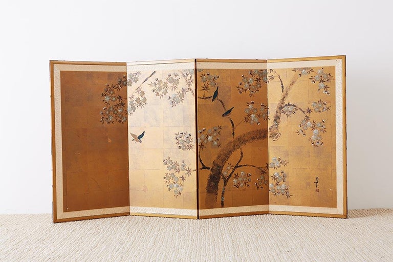 Japanese Four-Panel Screen of Birds in Prunus at 1stDibs