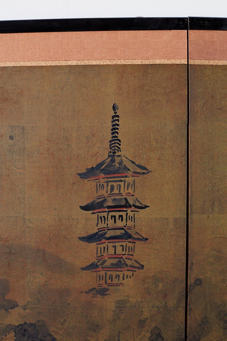 Japanese Four-Panel Screen of Pagoda Bridge Landscape at 1stDibs