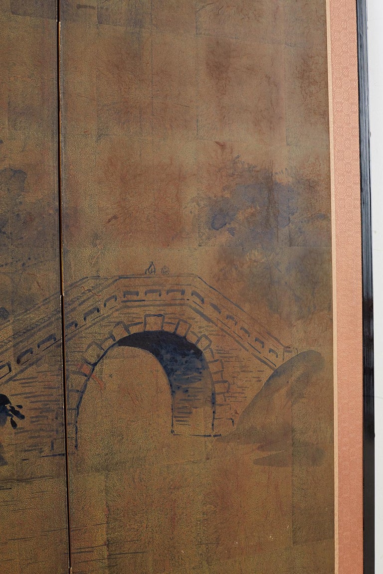 Japanese Four-Panel Screen of Pagoda Bridge Landscape at 1stDibs