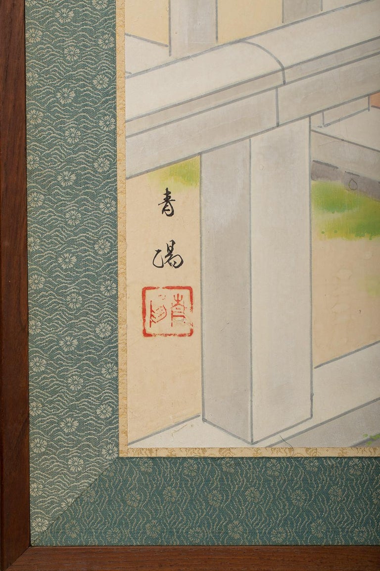 Japanese Four Panel Screen, Okinawa Painting of a Temple Scene For Sale ...