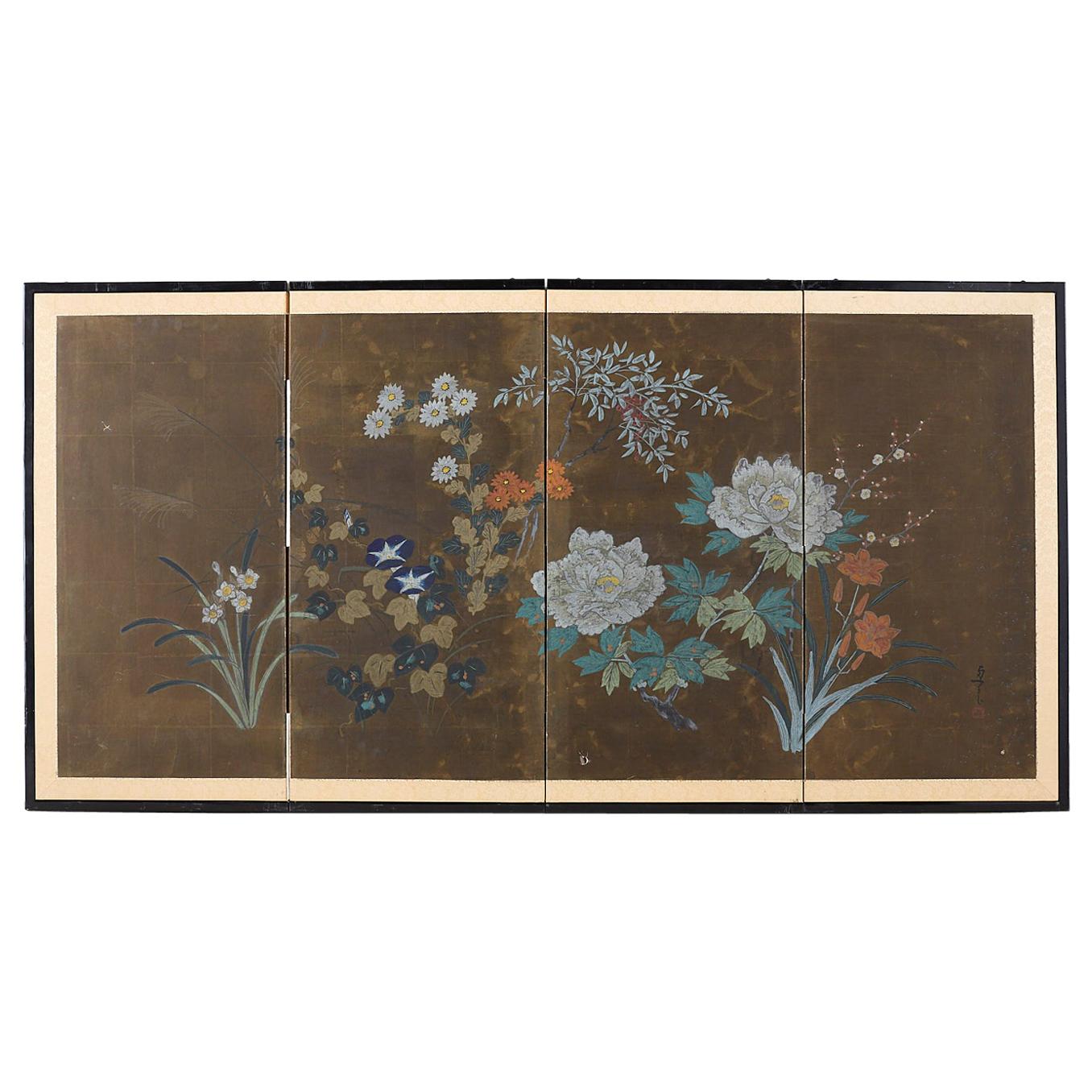Japanese Four-Panel Screen Seasonal Flowers on Gilt at 1stDibs