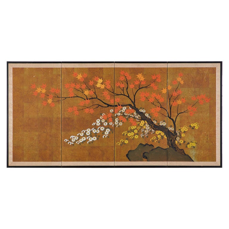 Japanese Four-Panel Showa Screen Autumn Maple and Chrysanthemums at 1stDibs