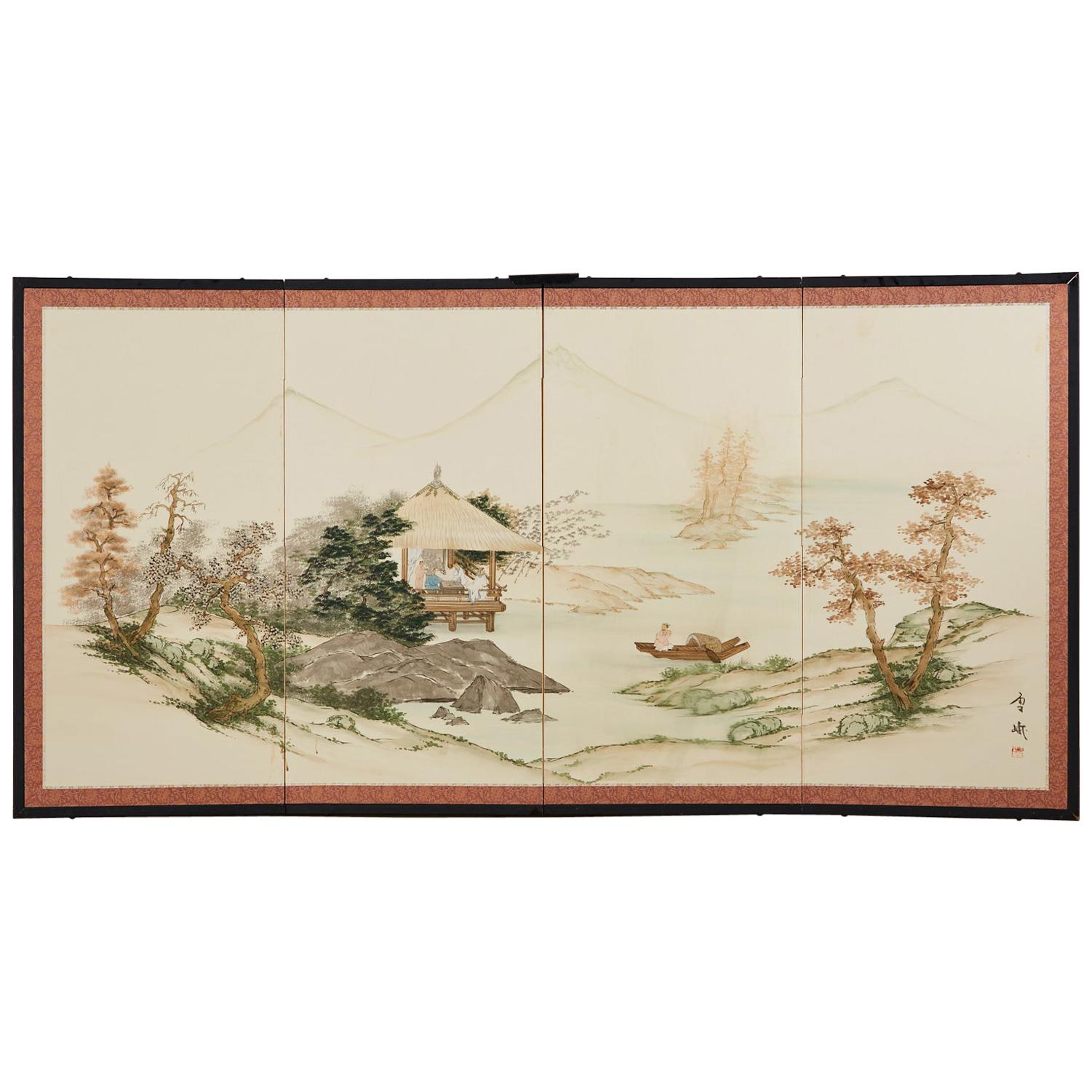 Japanese Four Panel Showa Screen Retreat Mountain Landscape For Sale at ...