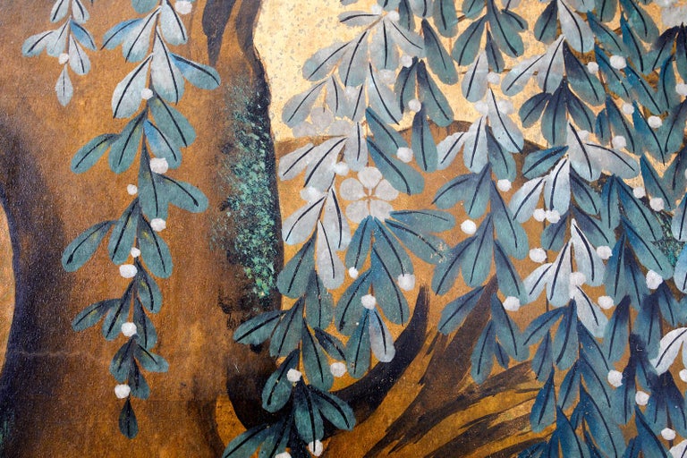 Japanese Four-Panel Showa Screen Spring Willow Tree at 1stDibs