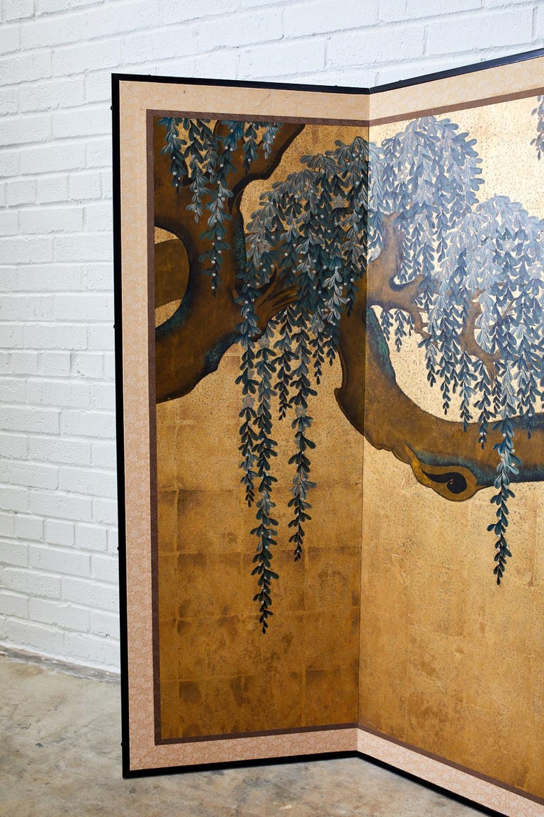 Japanese Four-Panel Showa Screen Spring Willow Tree at 1stDibs