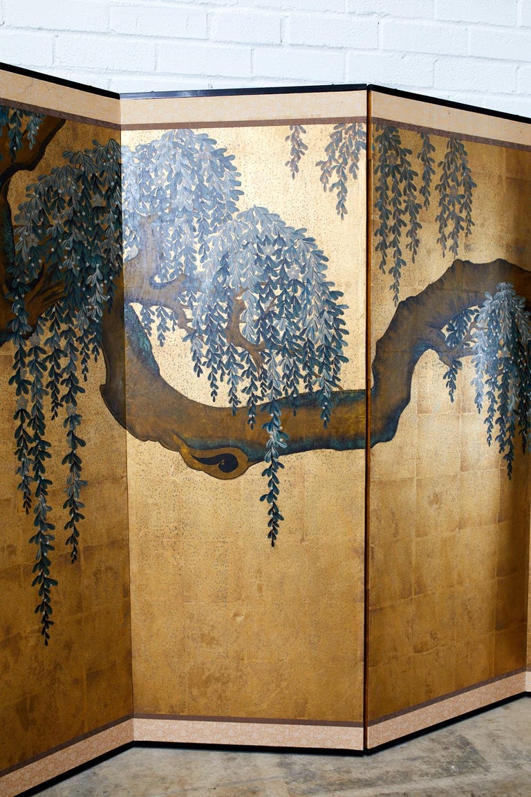 Japanese Four-Panel Showa Screen Spring Willow Tree at 1stDibs