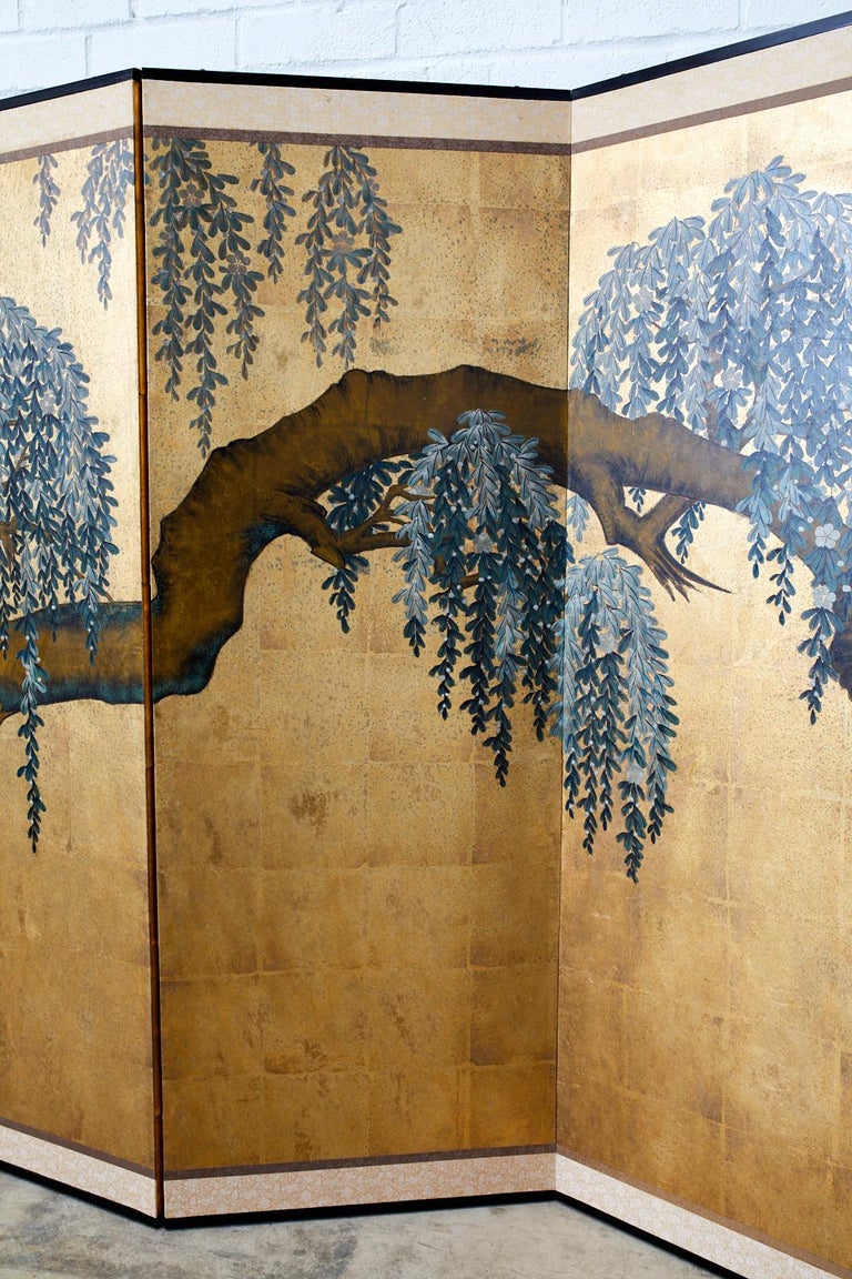 Japanese Four-Panel Showa Screen Spring Willow Tree at 1stDibs