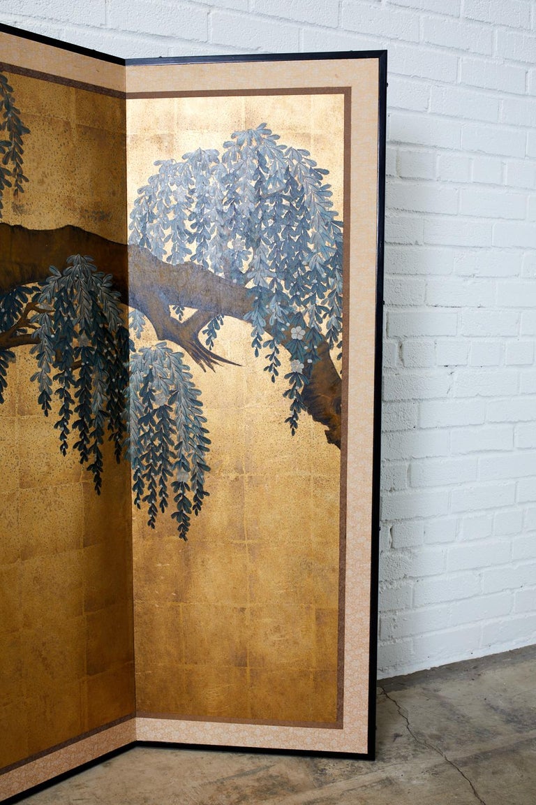 Japanese Four-Panel Showa Screen Spring Willow Tree at 1stDibs