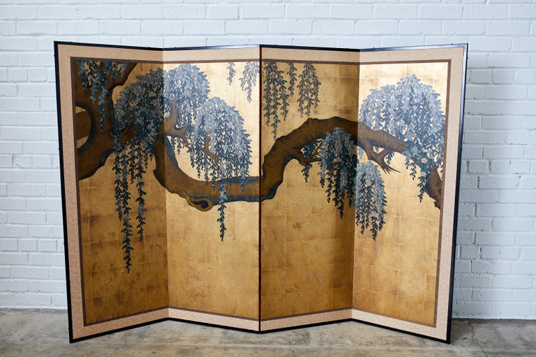 Japanese Four-Panel Showa Screen Spring Willow Tree at 1stDibs