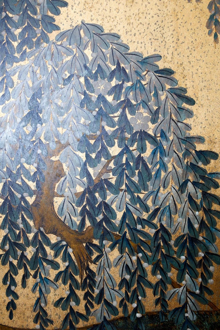 Japanese Four-Panel Showa Screen Spring Willow Tree at 1stDibs