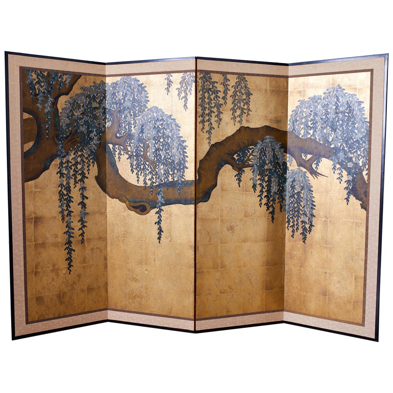 Japanese Four-Panel Showa Screen Spring Willow Tree at 1stDibs