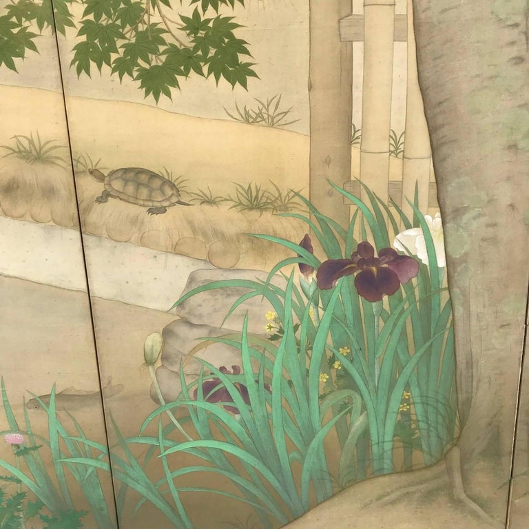 Japanese Four Panel Garden Screen with Koi, Iris, and Turtles For Sale ...