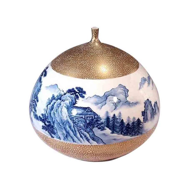 Gold Blue Contemporary Porcelain Vase by Japanese Master Artist at 1stDibs