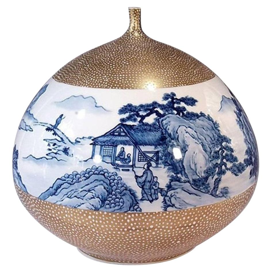 Gold Blue Contemporary Porcelain Vase by Japanese Master Artist at 1stDibs