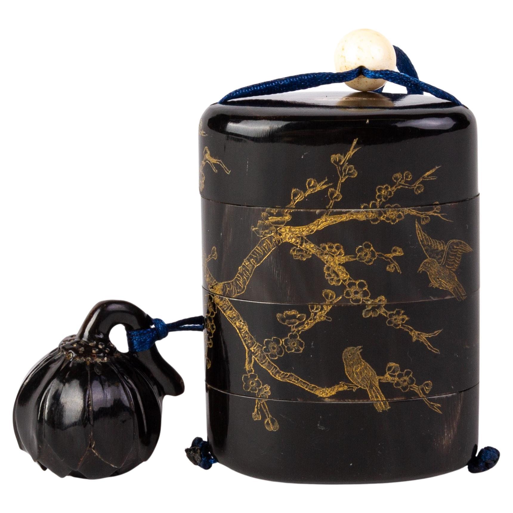 Japanese Gilt Lacquered Prunus Birds Inro Ojime Meiji 19th Century with ...