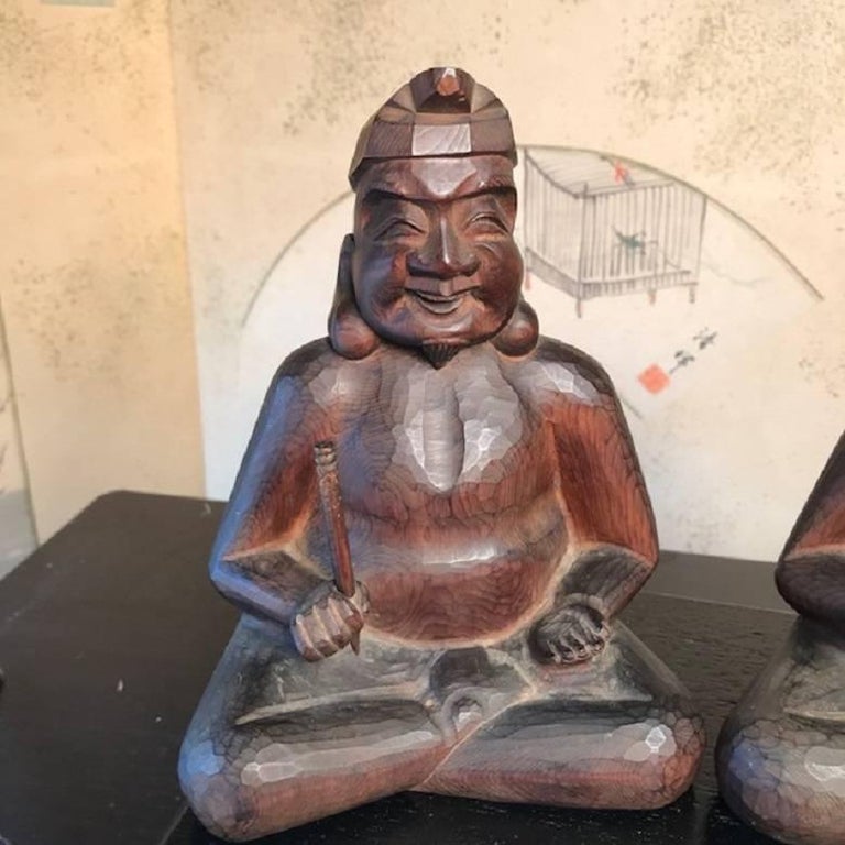 Japanese Pair Antique Hand Carved Prosperity and Business Lucky Gods ...