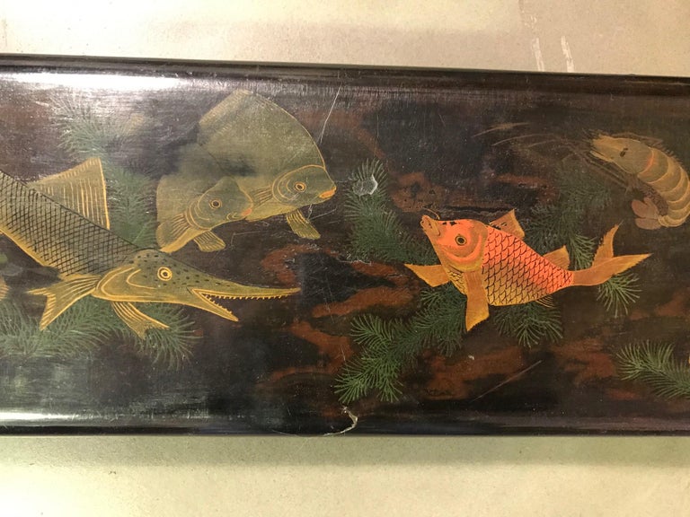 Japanese Asian Hand Painted Lacquered Temple Shrine Plaque Fish Ocean ...