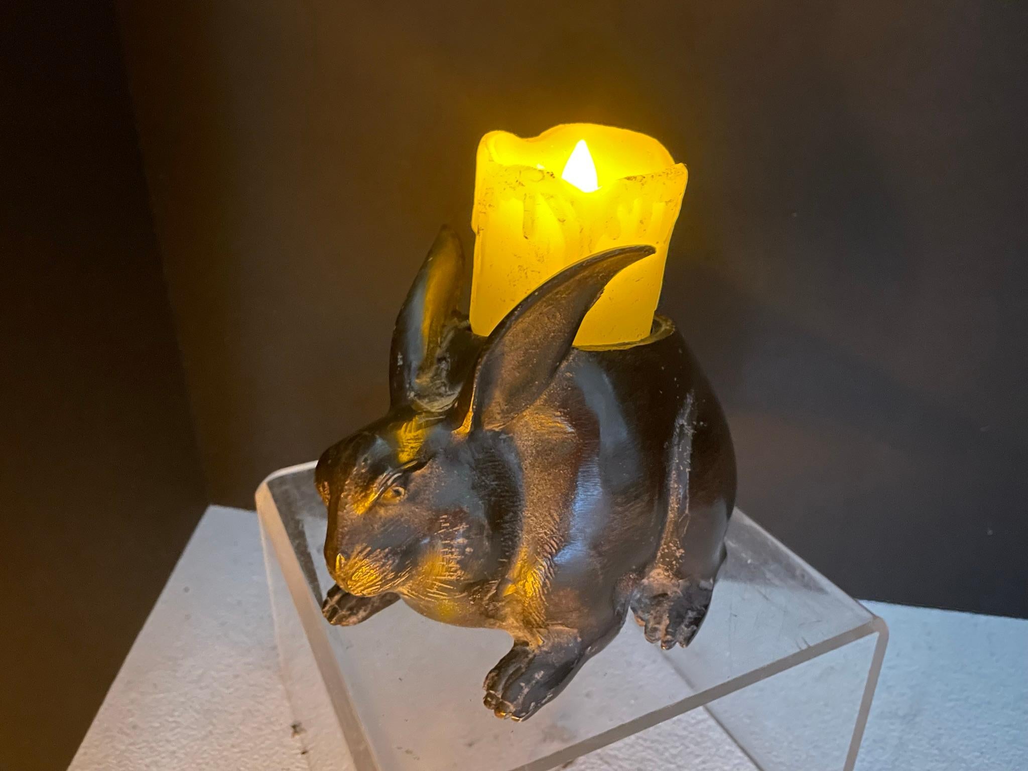 Japanese Hard to Find Old Bronze "Squatting Rabbit" Led Candle Holder ...