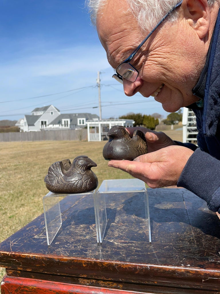 Japanese Hard to Find Pair Mandarin Duck Screen Holders For Sale at 1stDibs